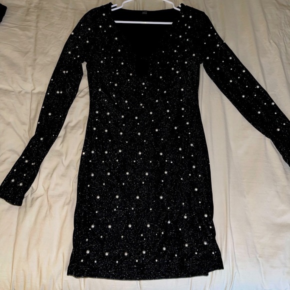 SHEIN | Dresses | Shein Bae Pearls Beaded Cut Out Draped Front Split ...